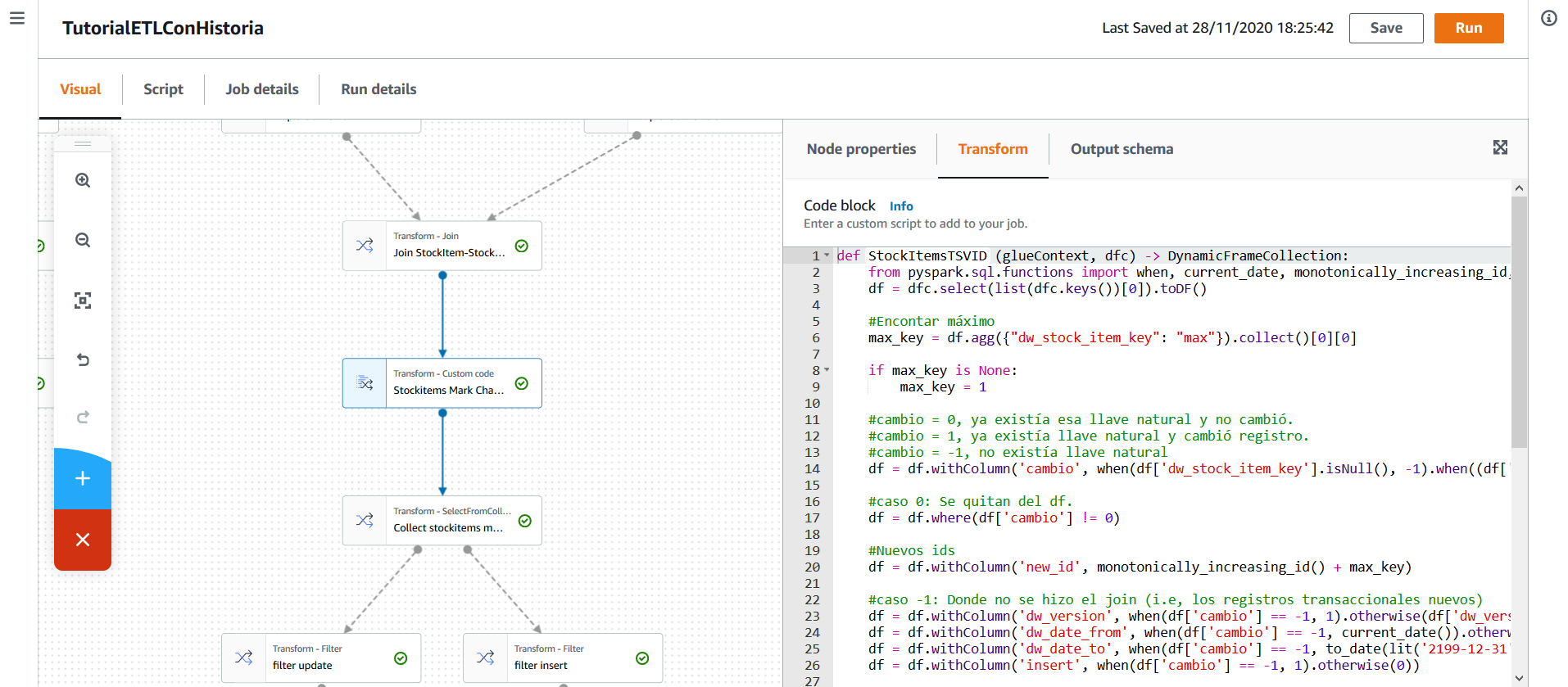 Tutorial: creación de ETLs con historia en AWS Glue